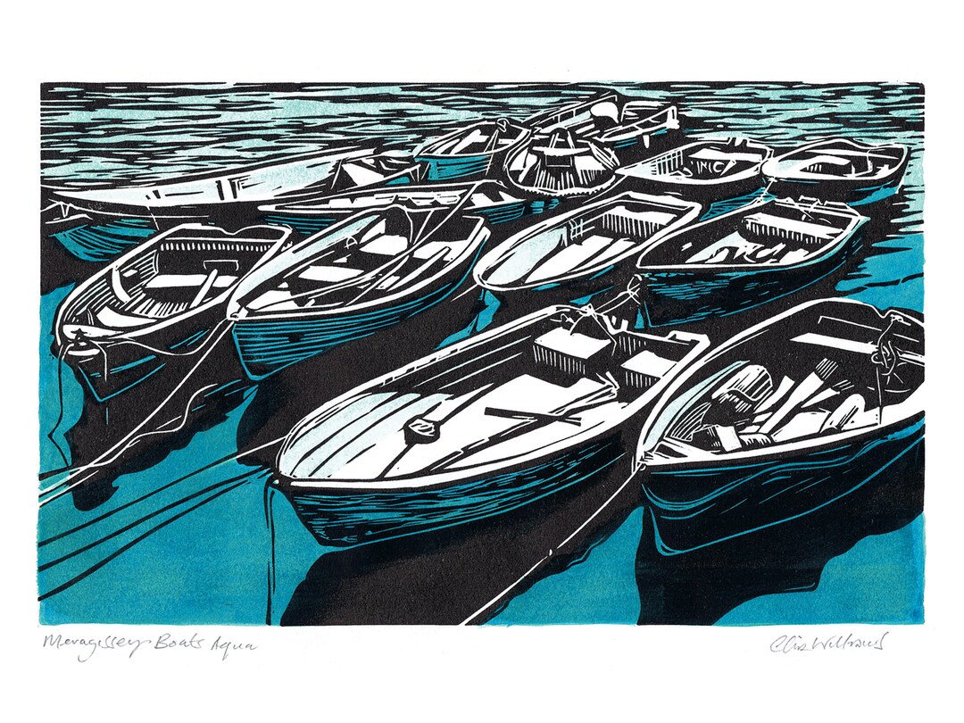 Linocut Print. Mevagissey Boats Aqua. Handmade Linocut Print Hand ...