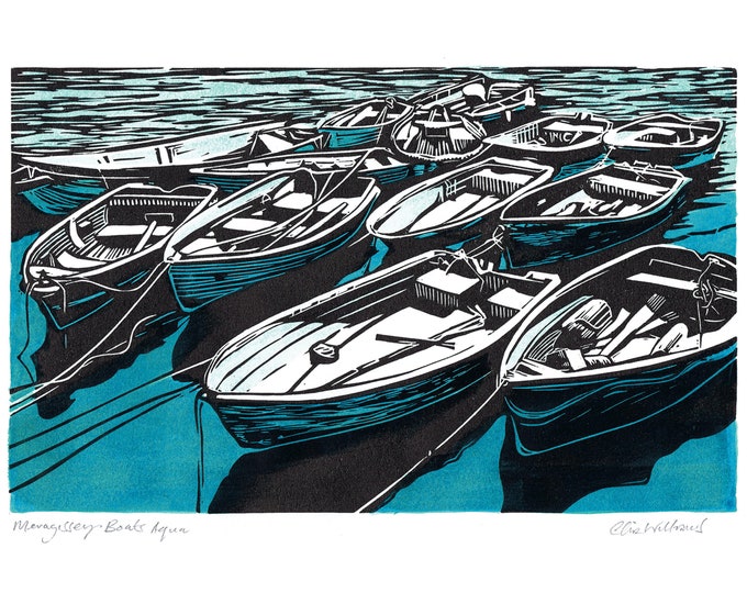 Linocut Print. Mevagissey Boats Aqua. Handmade Linocut Print | Etsy