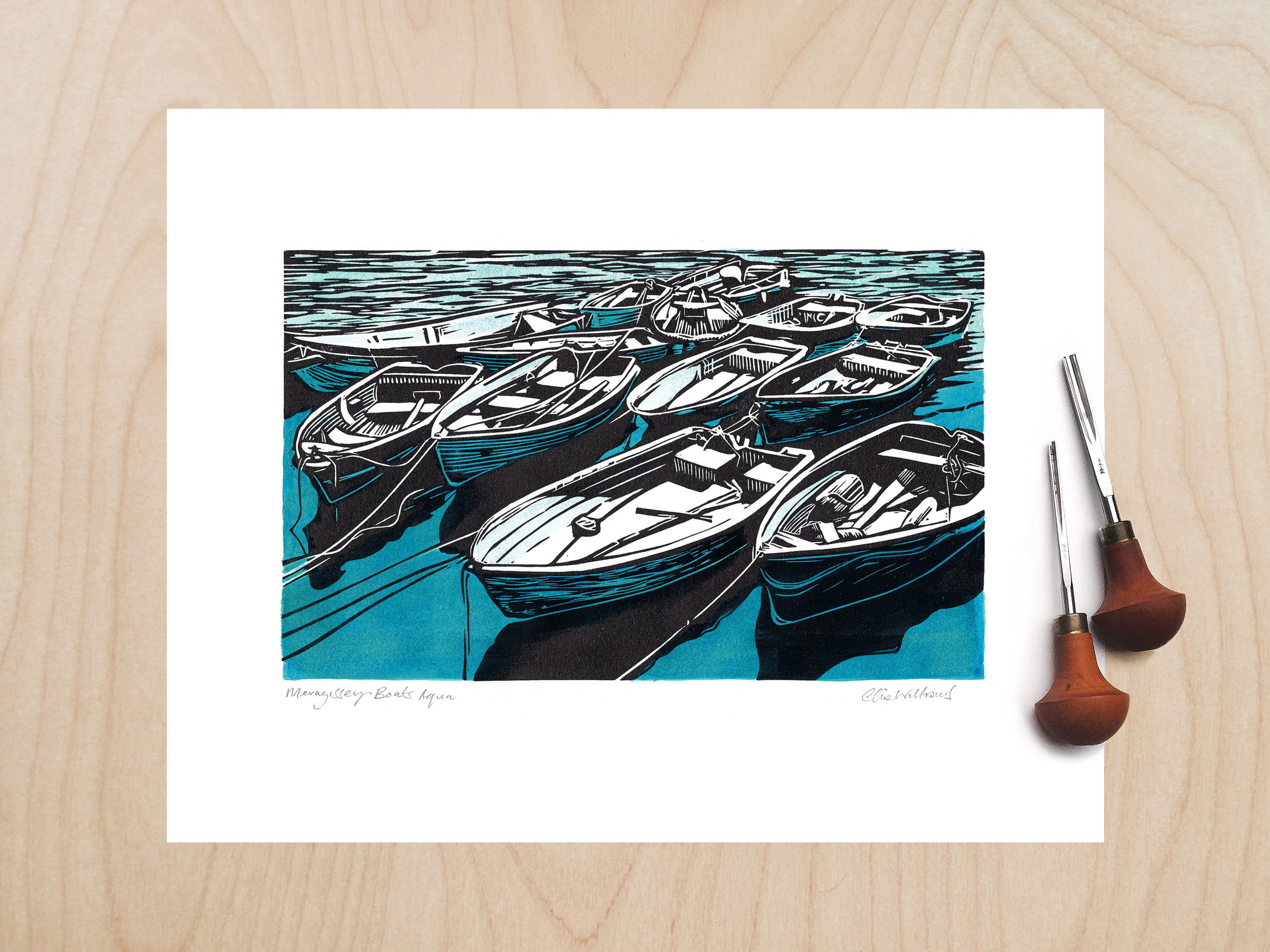 Linocut print. Mevagissey Boats Aqua. Handmade Linocut Print | Etsy