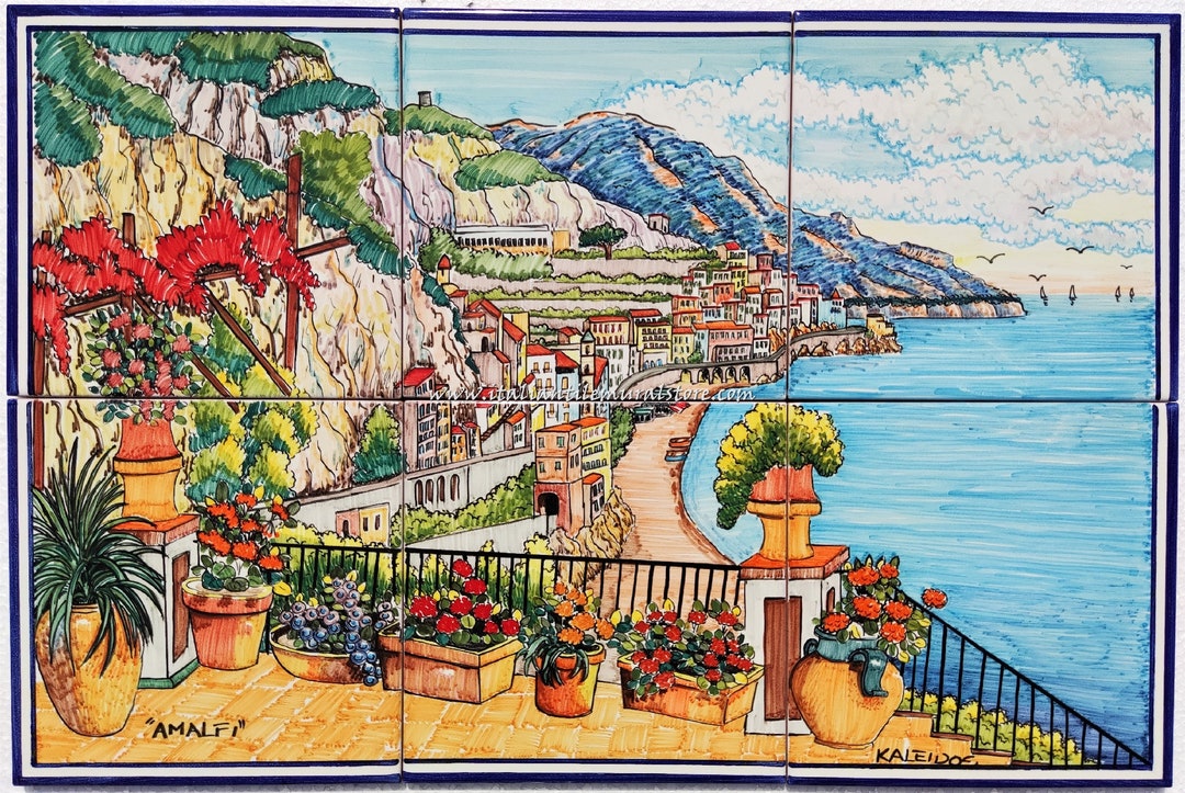 Hand Painted Ceramic Tile Backsplash - Amalfi Coast Landscape, Floral ...