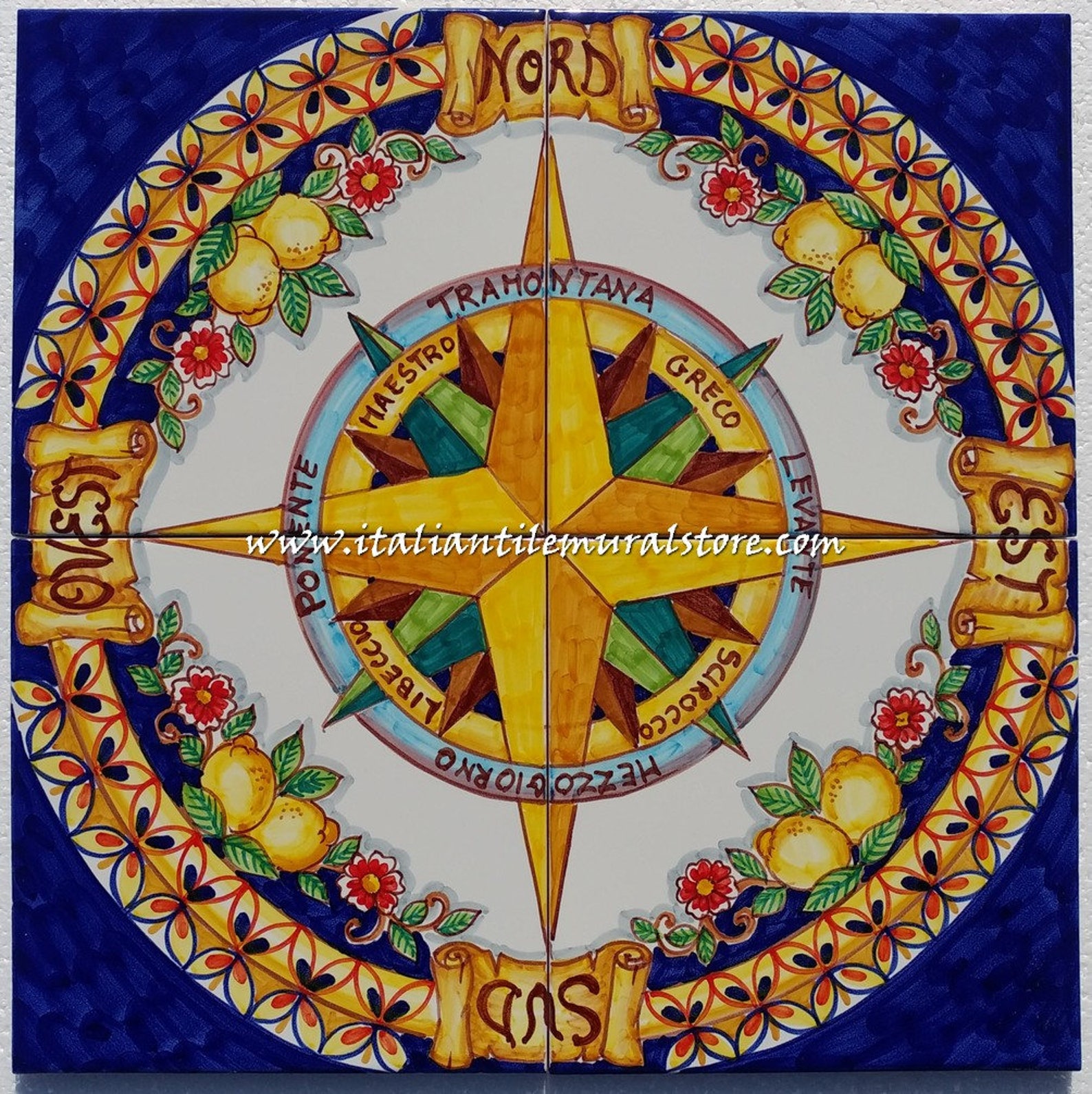 Hand Painted Tile Murals Windrose. Tile Art Ceramic - Etsy