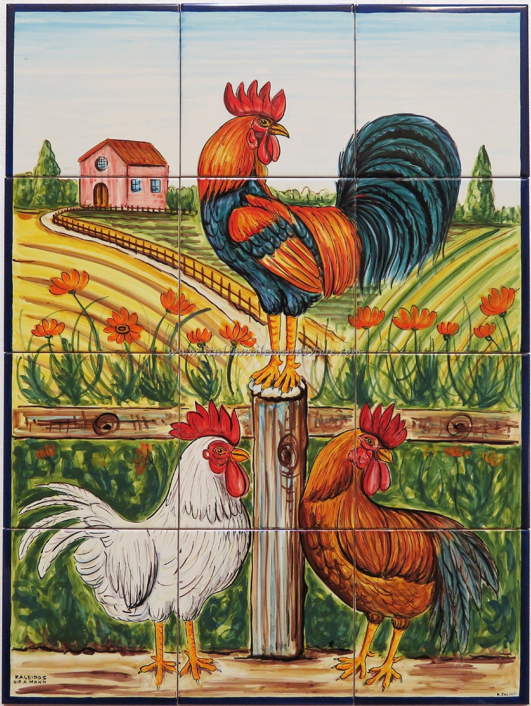 Hand Painted Rooster Mural Tiles – Italian Ceramic Kitchen Backsplash ...