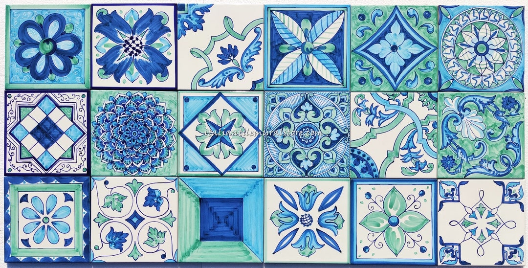 Patterned Tiles Patchwork Hand Painted. Decorative Tile Aquamarine ...