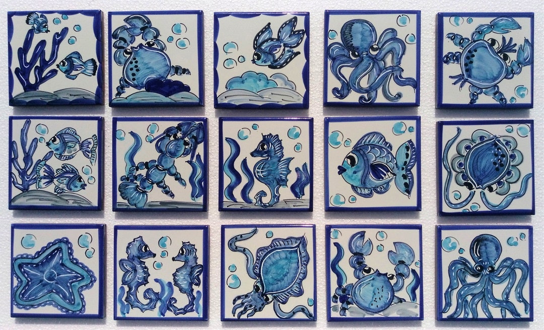 Set of Assorted Tiles With Fish Decoration Hand Painted. Decorative ...
