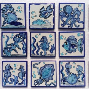 Set of Assorted Tiles With Fish Decoration Hand Painted. Decorative ...