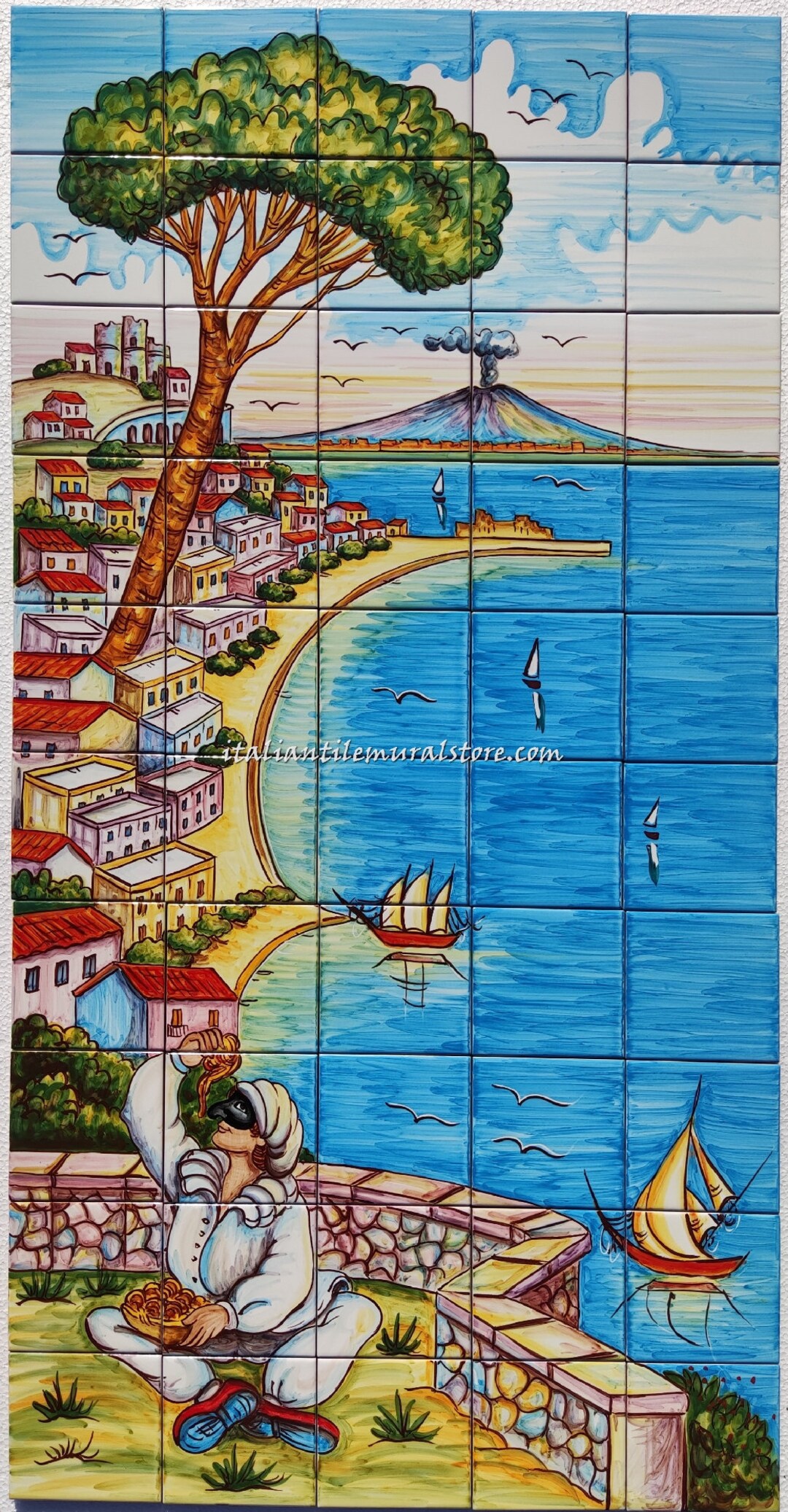 Hand-painted Italian Tile Mural – Naples Coastal Scene, Carnival Mask ...