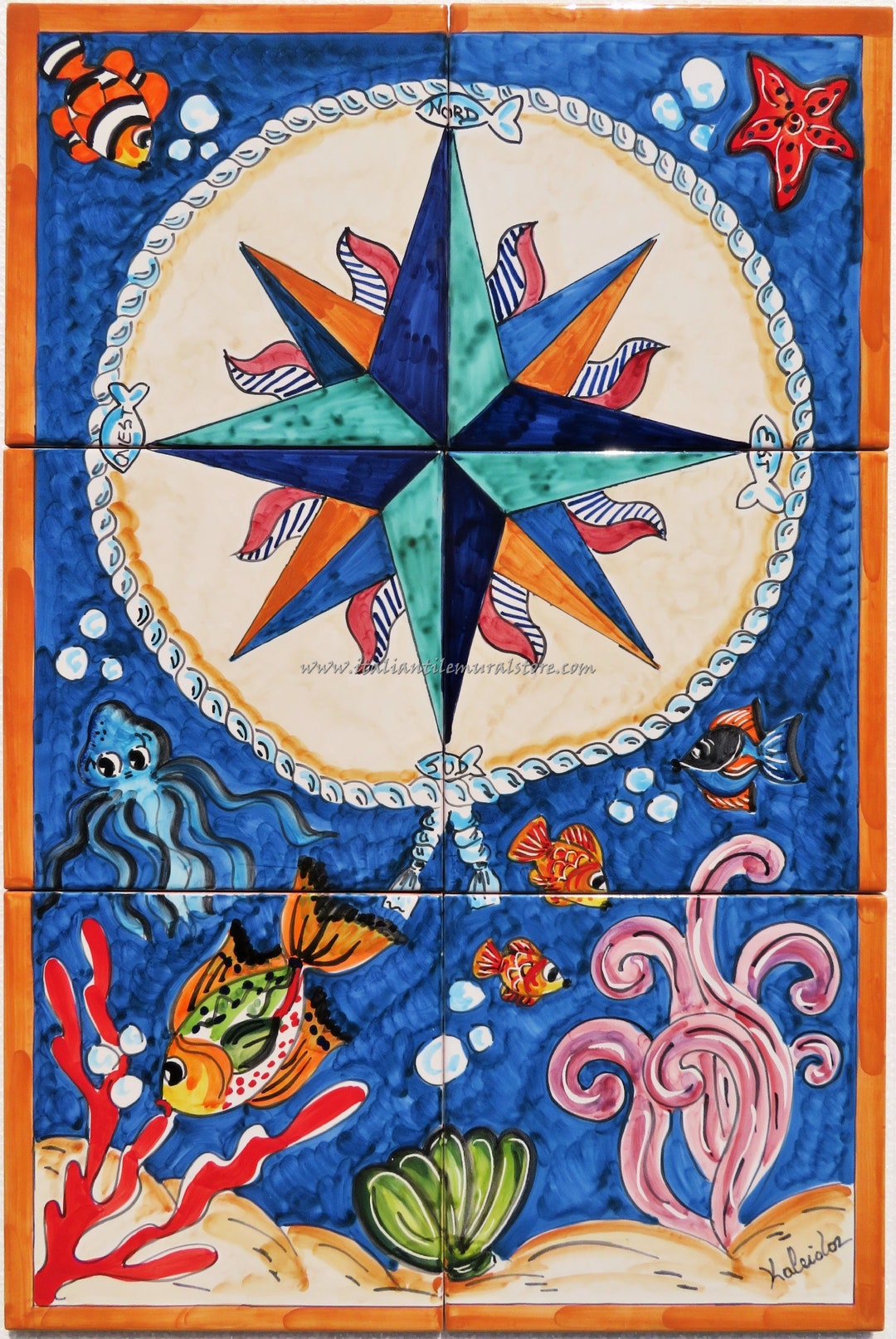 Tile Murals - Tiles Compass Rose at the Bottom of the Sea - Handmade ...