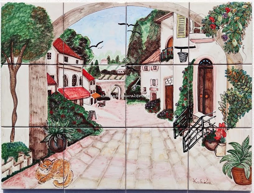 Hand-painted Ceramic Tile Mural – Tuscany Road, Italian Landscape With ...