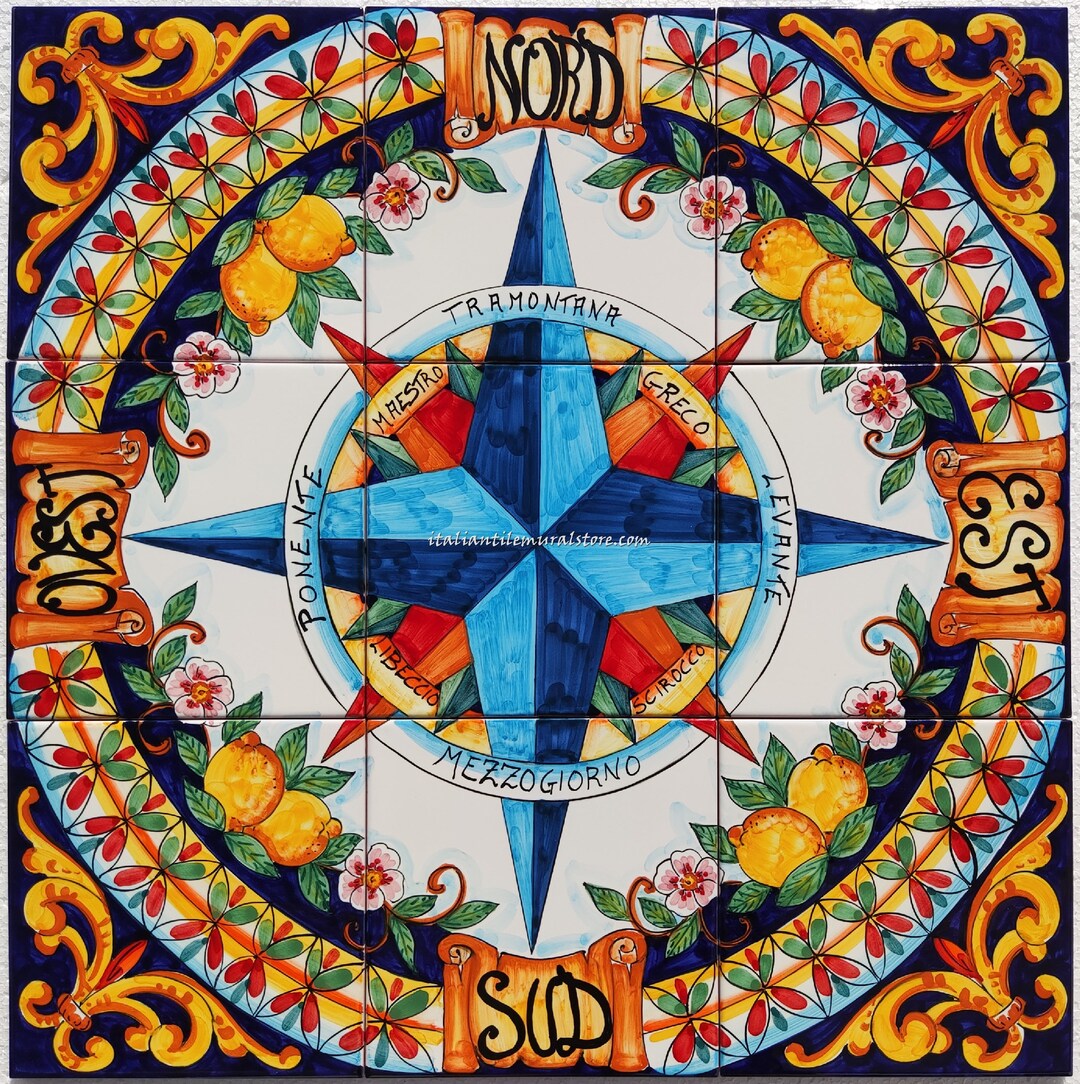 Wind Rose - Ceramic Tile - Hand Painted - Wall Art Tiles - Compass Rose ...