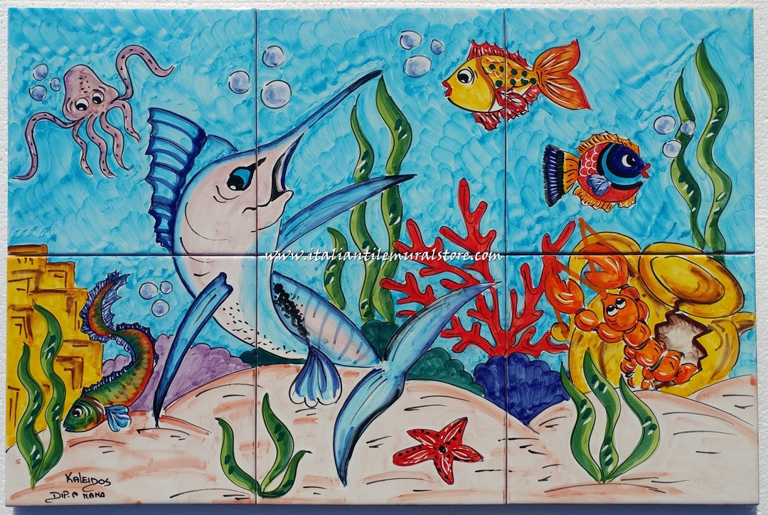 Tile Murals Artwork Reproduced for Tiles and Depicts a Marlin Chasing ...