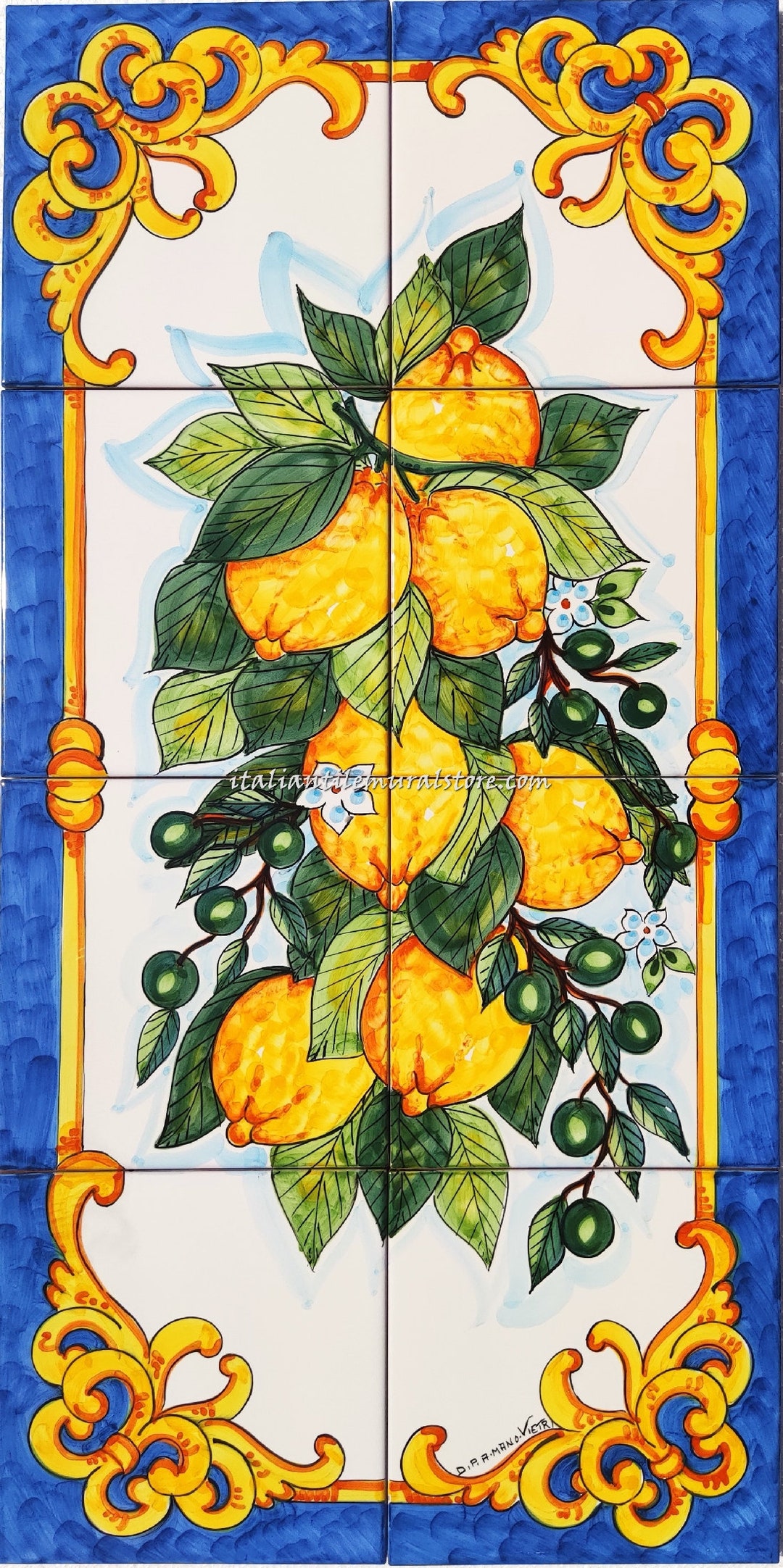Vertical Baroque Ceramic Panel - Handpainted Decoration of Lemon and ...