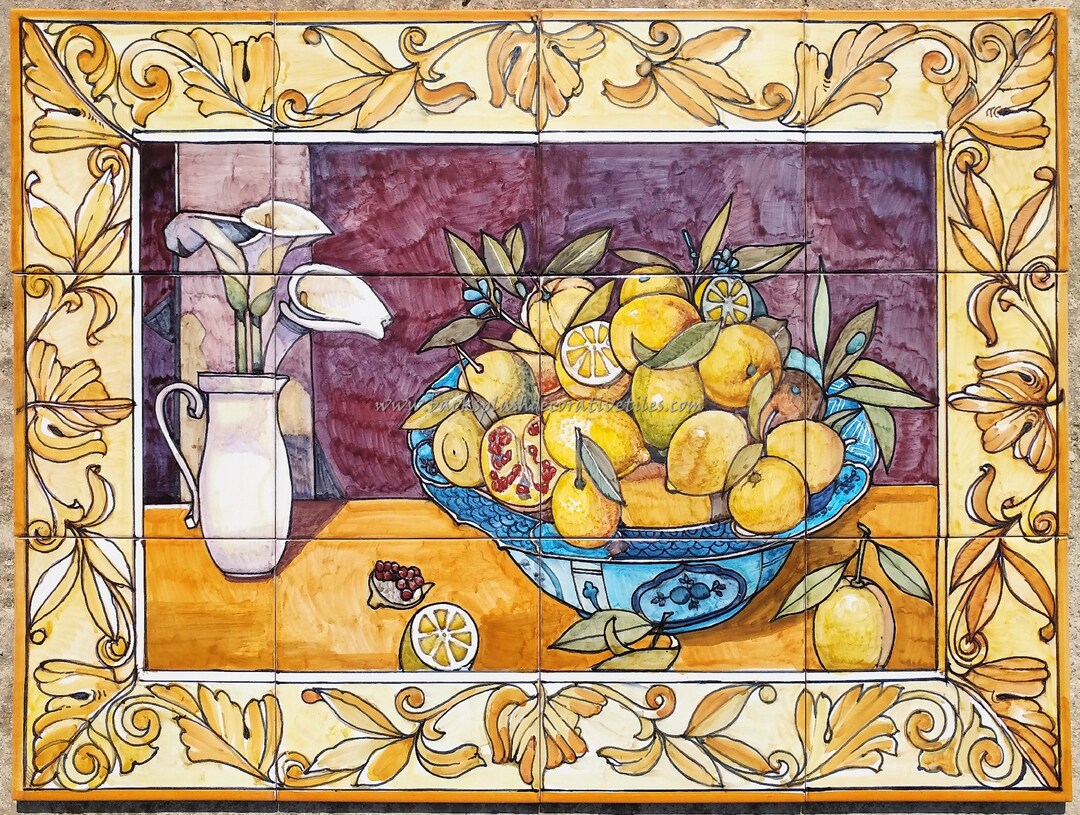 Handmade Ceramic Tile Mural, Lemon Kitchen Backsplash Art (31.5x23.6 In ...