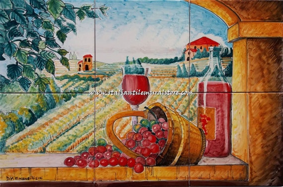 Italy Tile Mural Hand Painted Tile Mural Kitchen Tile Chianti | Etsy