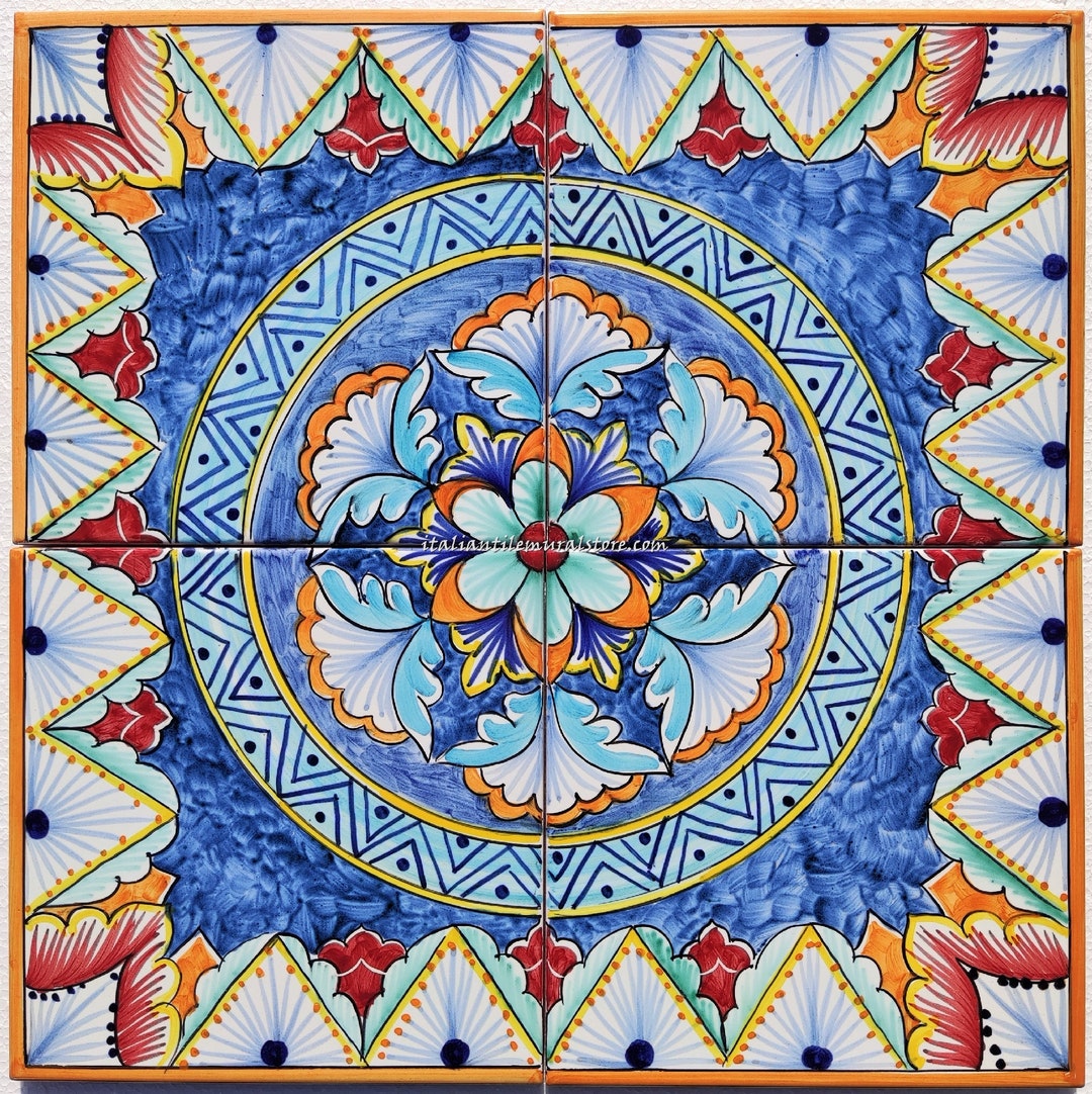 Hand-painted Mandala Tile Mural – Italian Baroque Wall Art, Orange ...