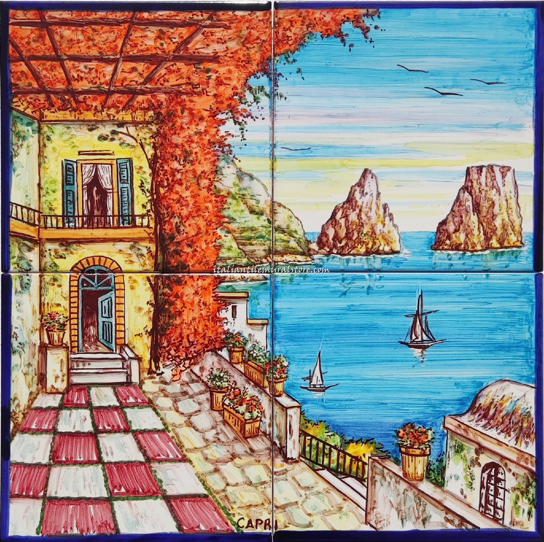 Handpainted Ceramic Tile Panel - Capri Island Seascape Mural - Etsy