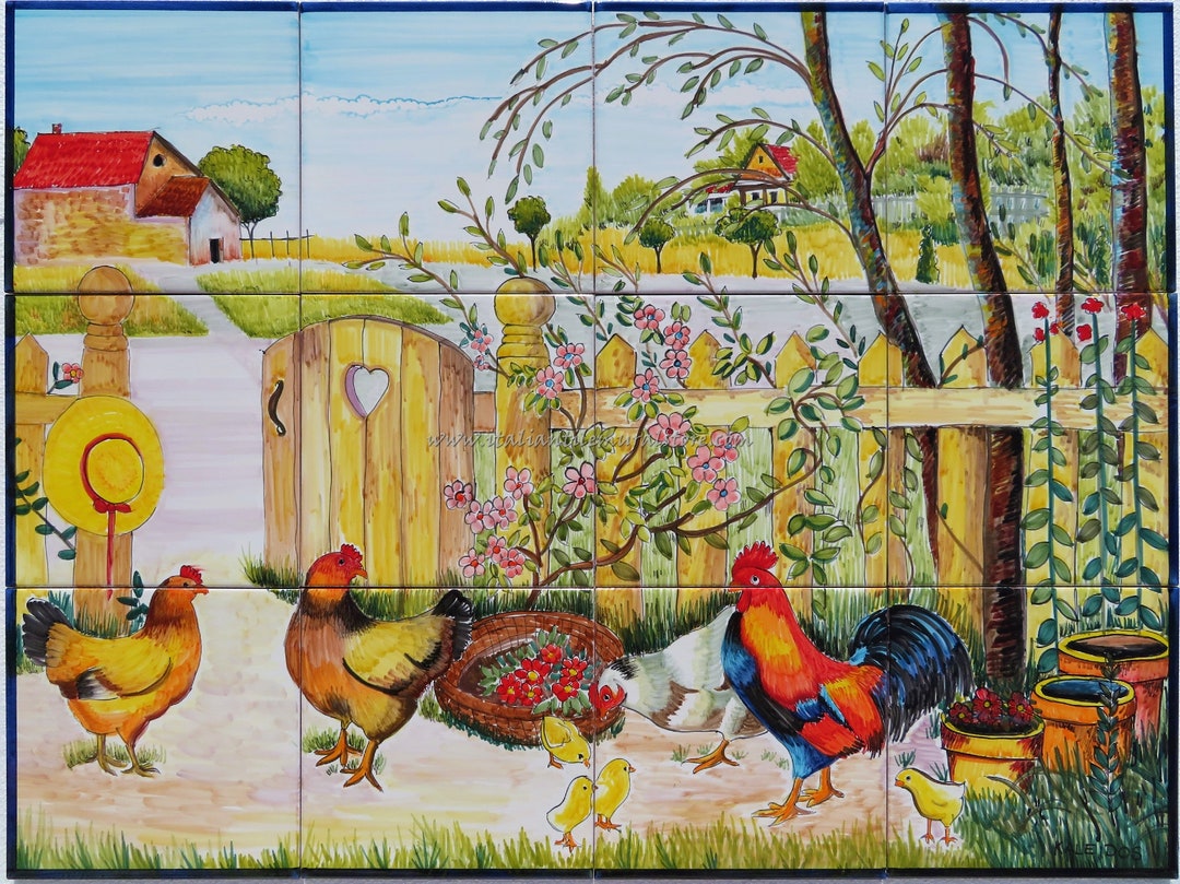 Tiles Ceramic Painting of a Farm With Roosters and Chickens - Hand ...