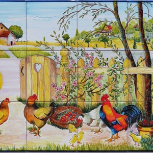 Tiles Ceramic Painting of a Farm With Roosters and Chickens - Hand ...