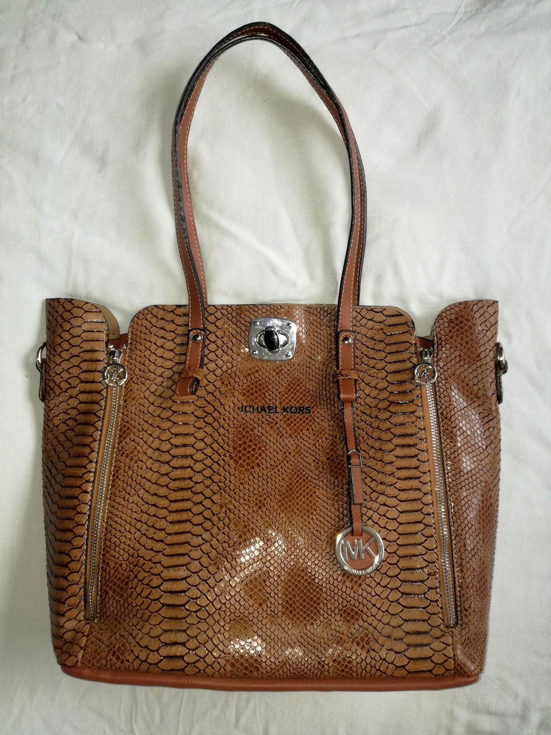 MICHAEL KORS MK Large Jet Set Python Print Brown Vegan Leather Tote Bag ...