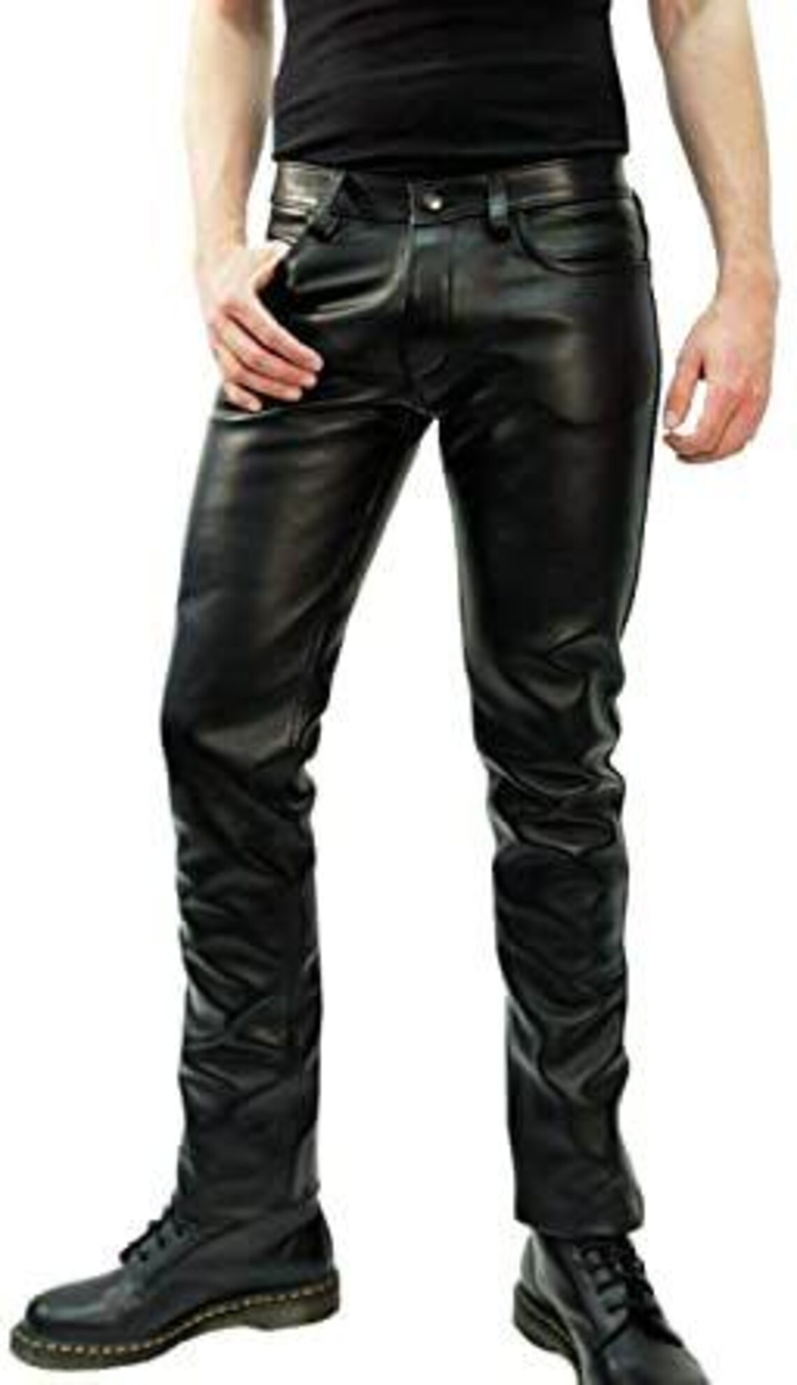 CONWELL Motorcycle Biker Rocker Black Calf Skin Genuine Leather Pants ...