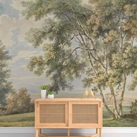 Scenic Wallpaper With Trees, Vintage Landscape Wall Mural Peel and ...