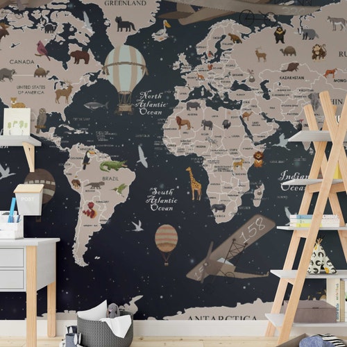 World Map Kids Room Wall Mural Kids Map Wallpaper Children - Etsy