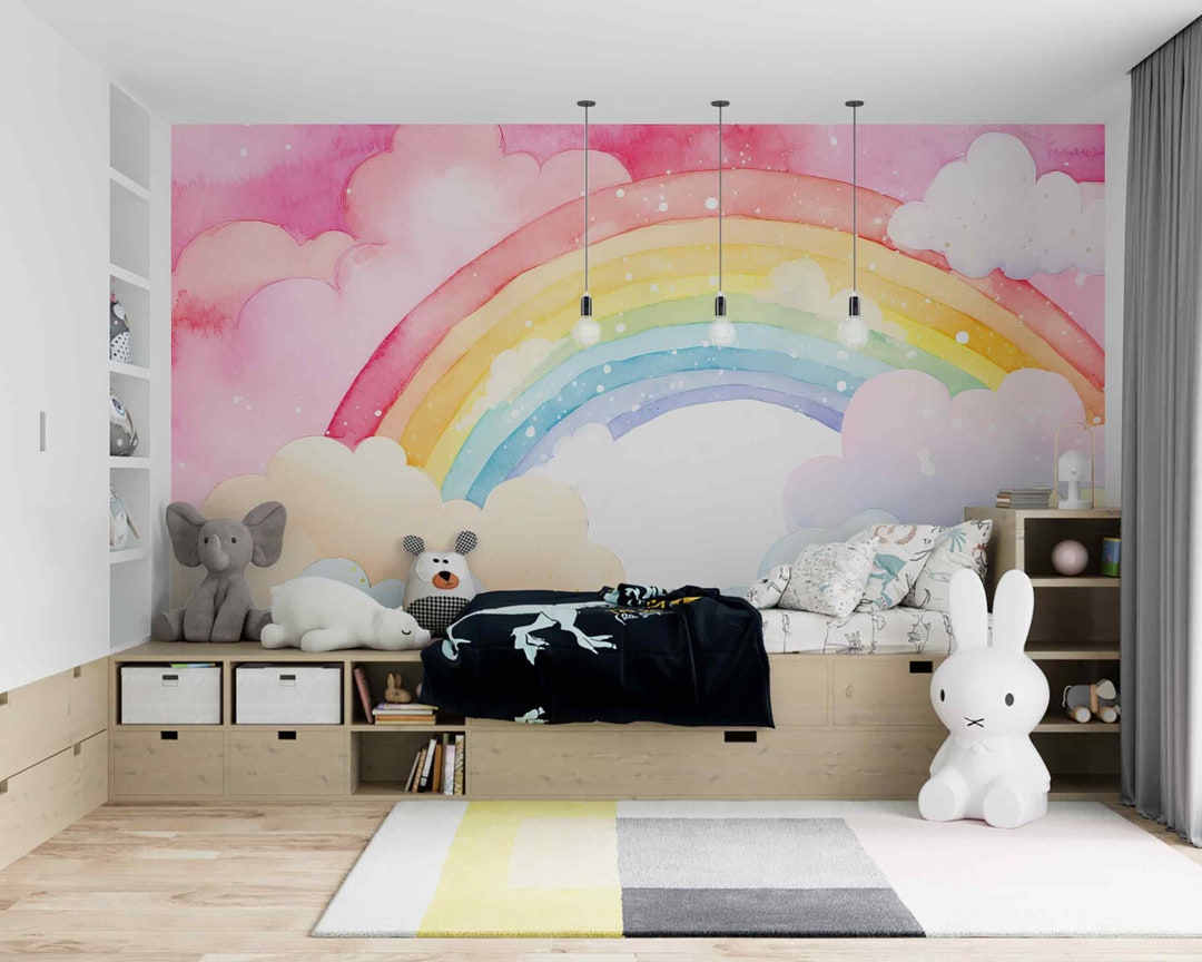 Multicolored Bright Rainbow With Clouds Self-adhesive Fabric or Non ...
