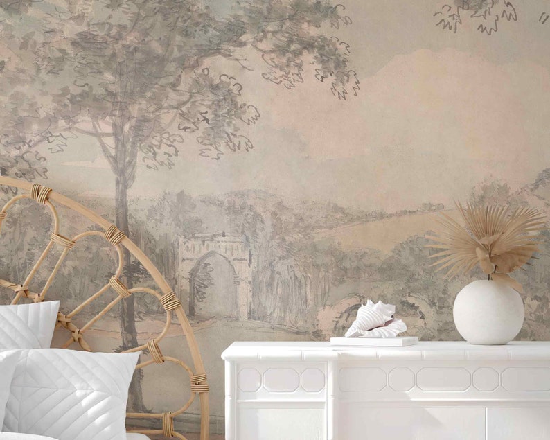 Rural Landscape Wallpaper Beige Minimalist Self-adhesive Fabric or Non ...
