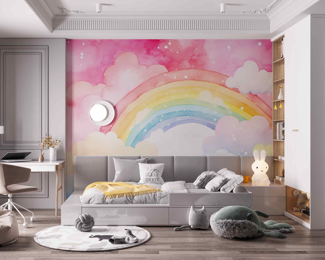 Multicolored Bright Rainbow With Clouds Self-adhesive Fabric or Non ...