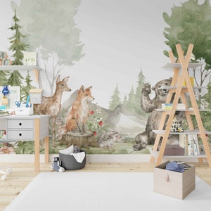 Watercolor Style Forest Animals Wall Mural Children Room Interior ...