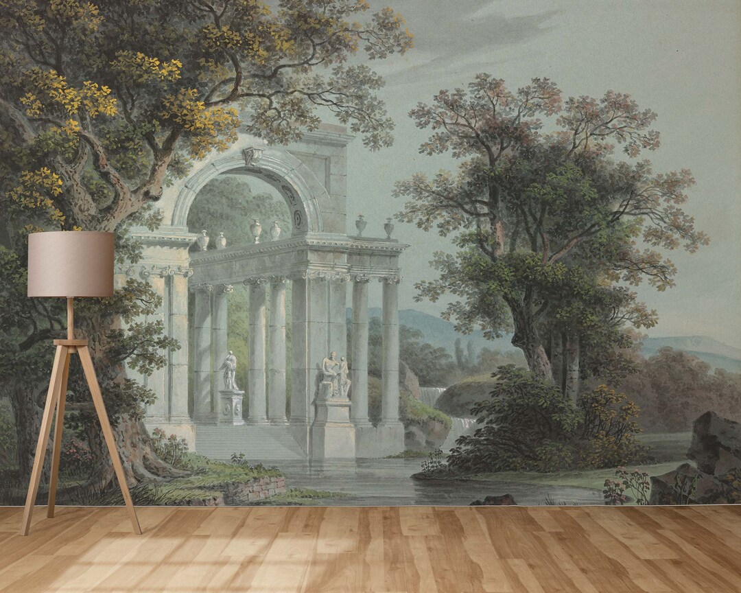 Rural Vintage Landscape With Columns Wallpaper Trees Field - Etsy