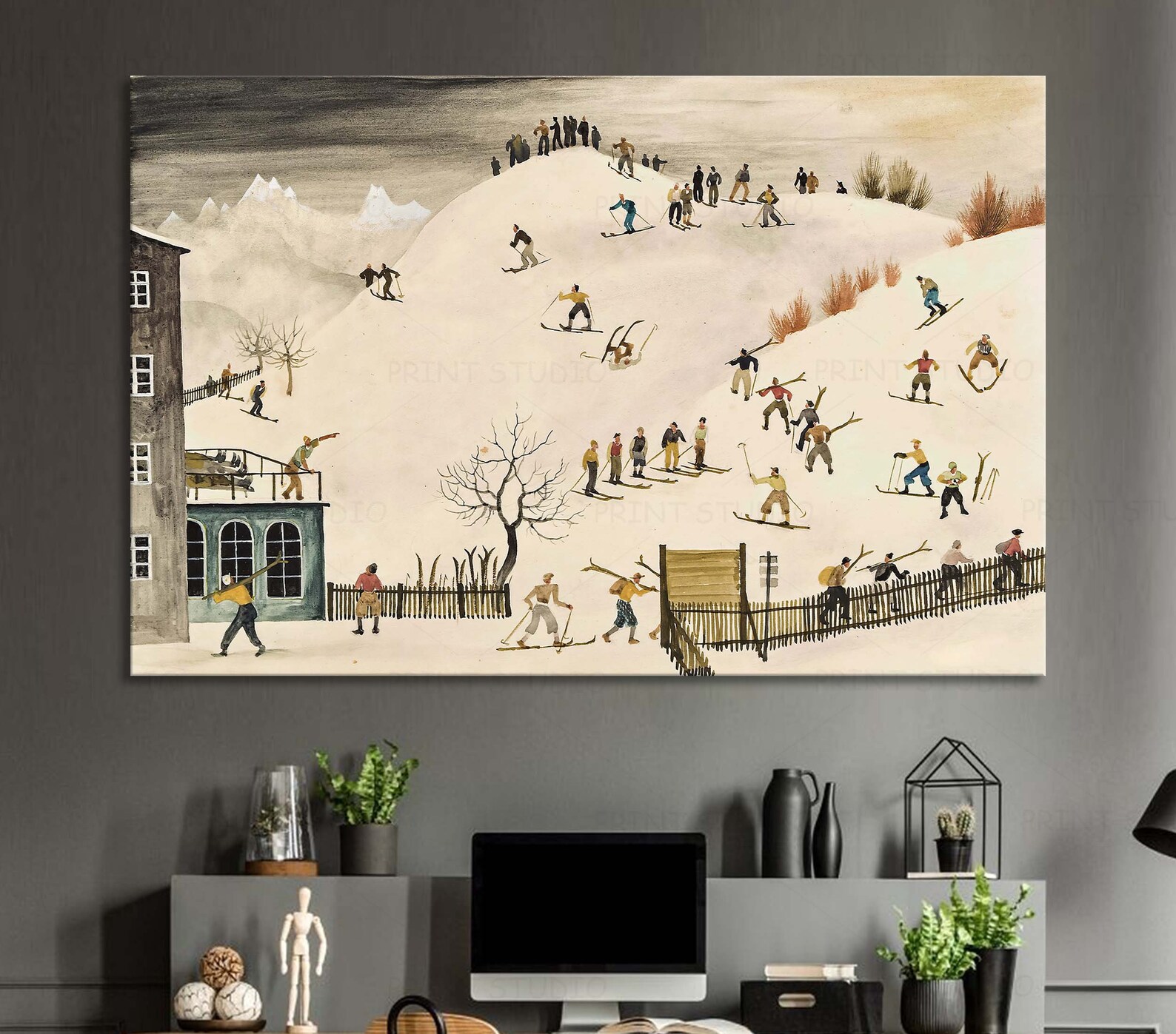 Skiers on the Hill by Franz Sedlacek Watercolor Painting Reproduction ...
