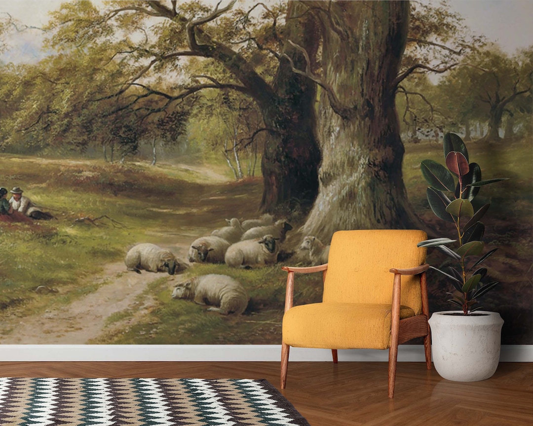 Landscape Sheep Mural Self-adhesive Fabric or Non-woven Vintage ...