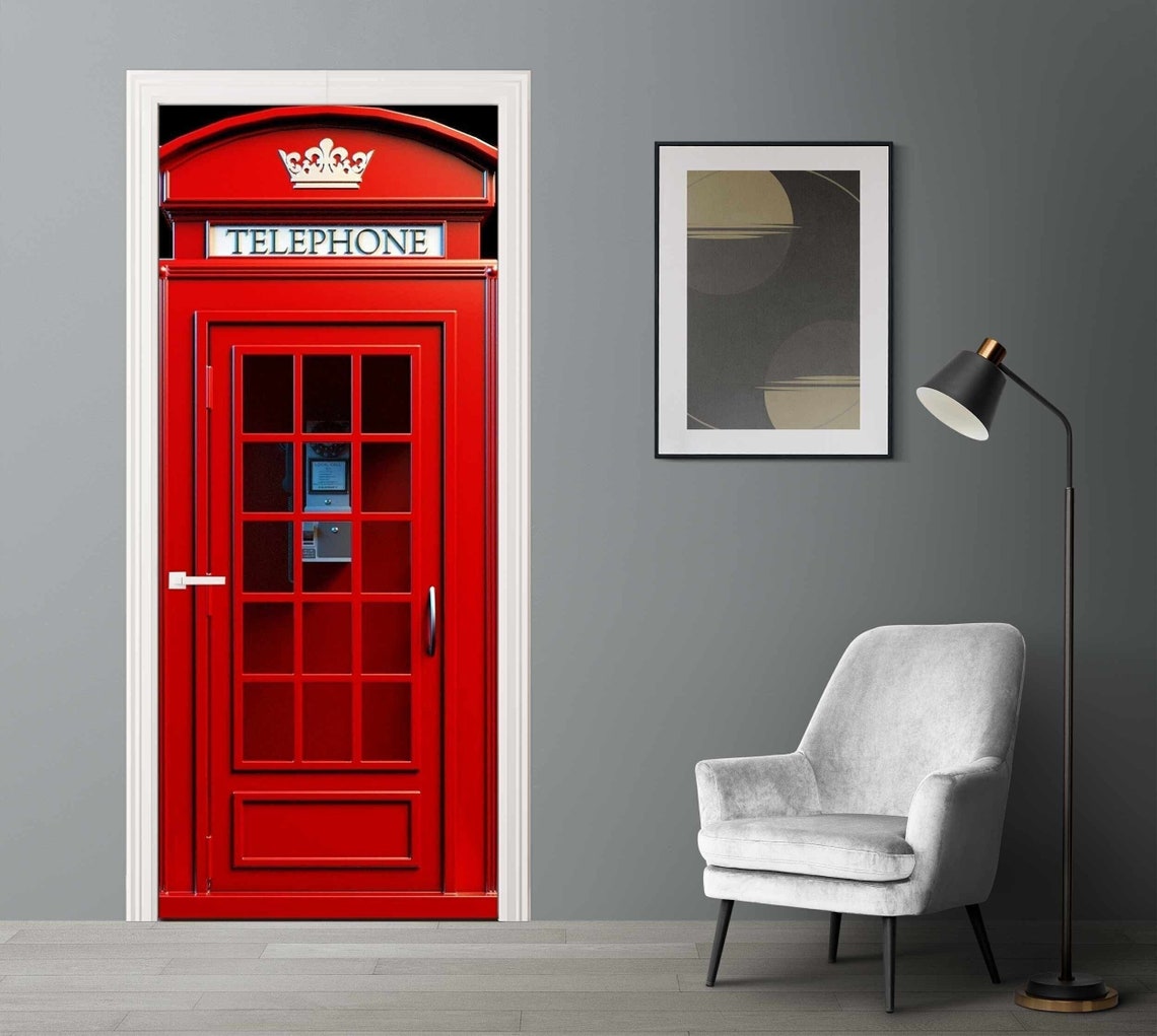 English Telephone Red Box Door Cover Phone Booth Peel and Stick Decal ...