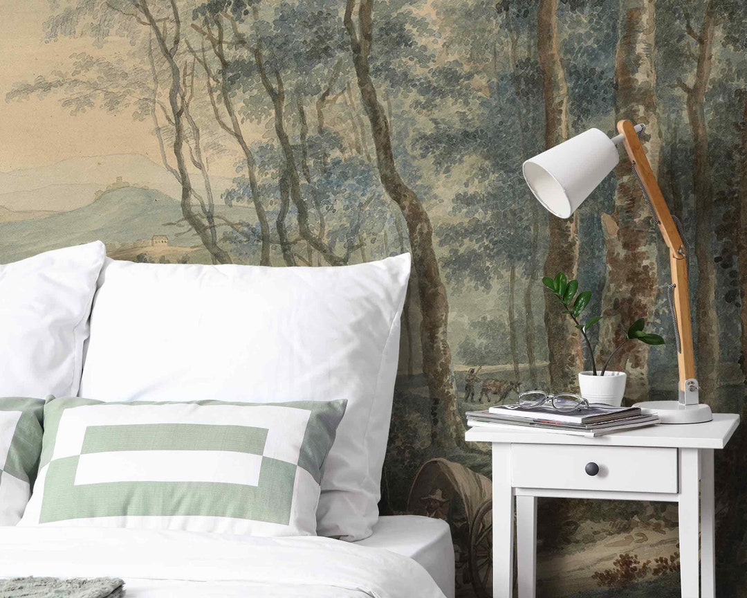 Large Old Trees Historical Mountain Panoramic Landscape Mural Victorian ...