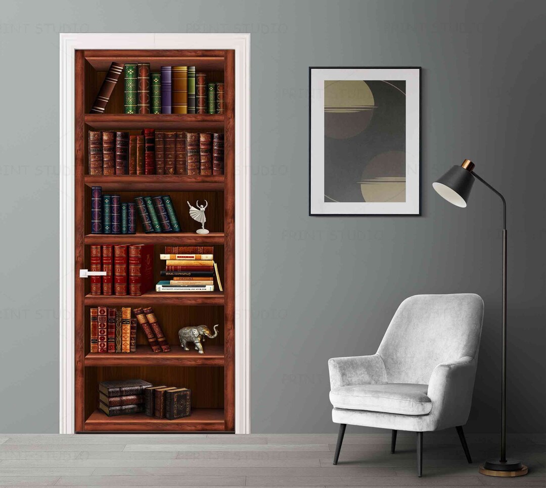Vintage Brown Shelves With Books Door Mural Cover Peel and Stick ...