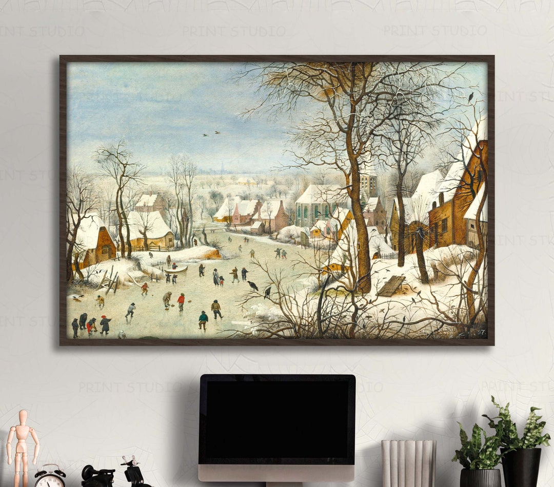 Winter Landscape With Ice Skaters and Bird Trap Retro Reproduction on ...