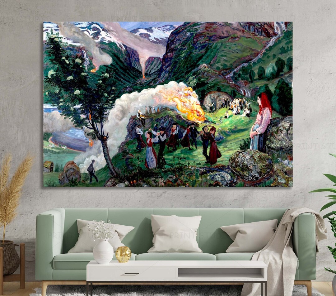 Nikolai Astrup MIDSUMMER EVE BONFIRE 1916 Norwegian Modernist Painter Classical Museum Canvas ...