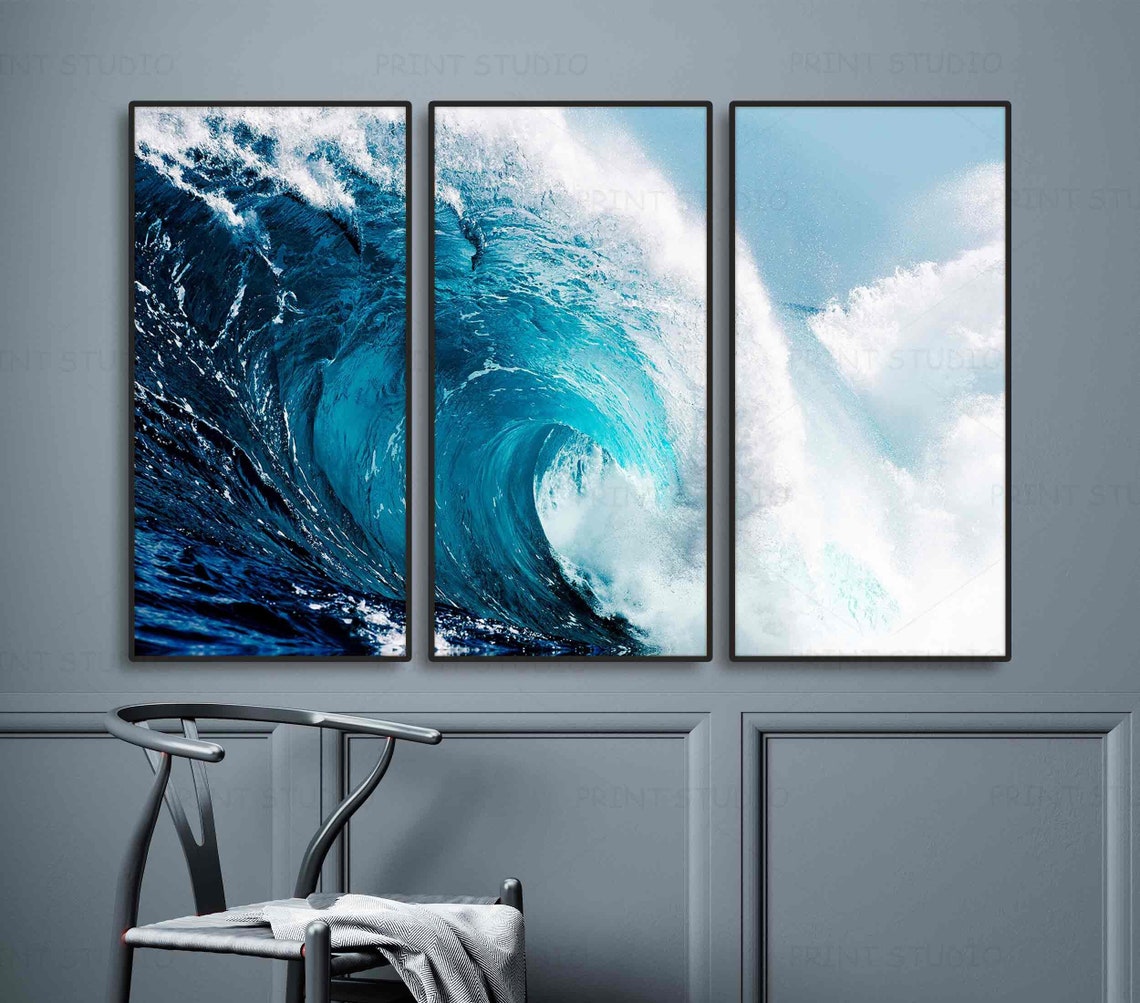 3 Piece Wall Art Decor Blue Big Breaking Wave Ocean Set of Three ...
