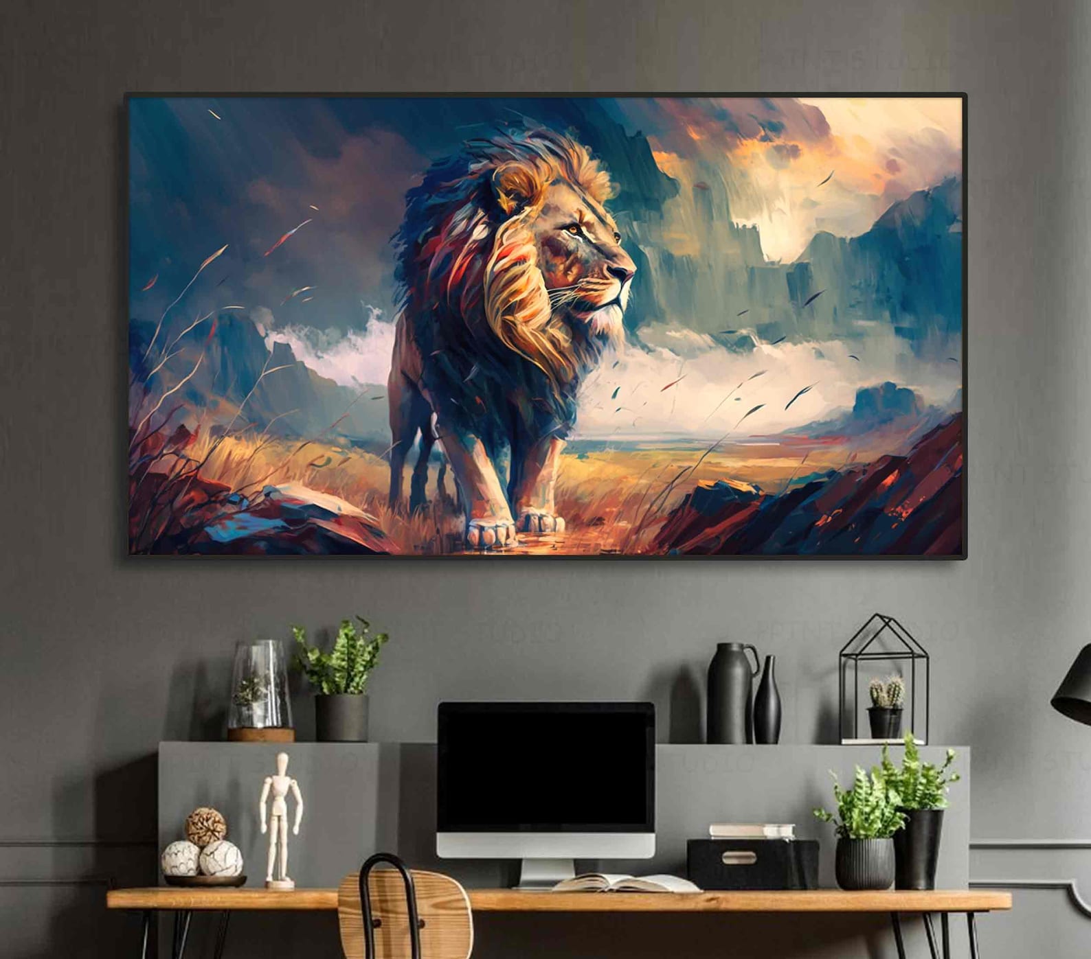 Lion Abstract Watercolor Illustration Canvas Print Framed Colorful Wild ...