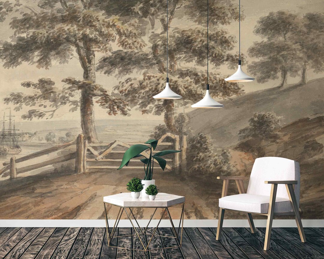 Landscape Wallpaper Beige Self-adhesive Large Trees Fabric or Non-woven ...