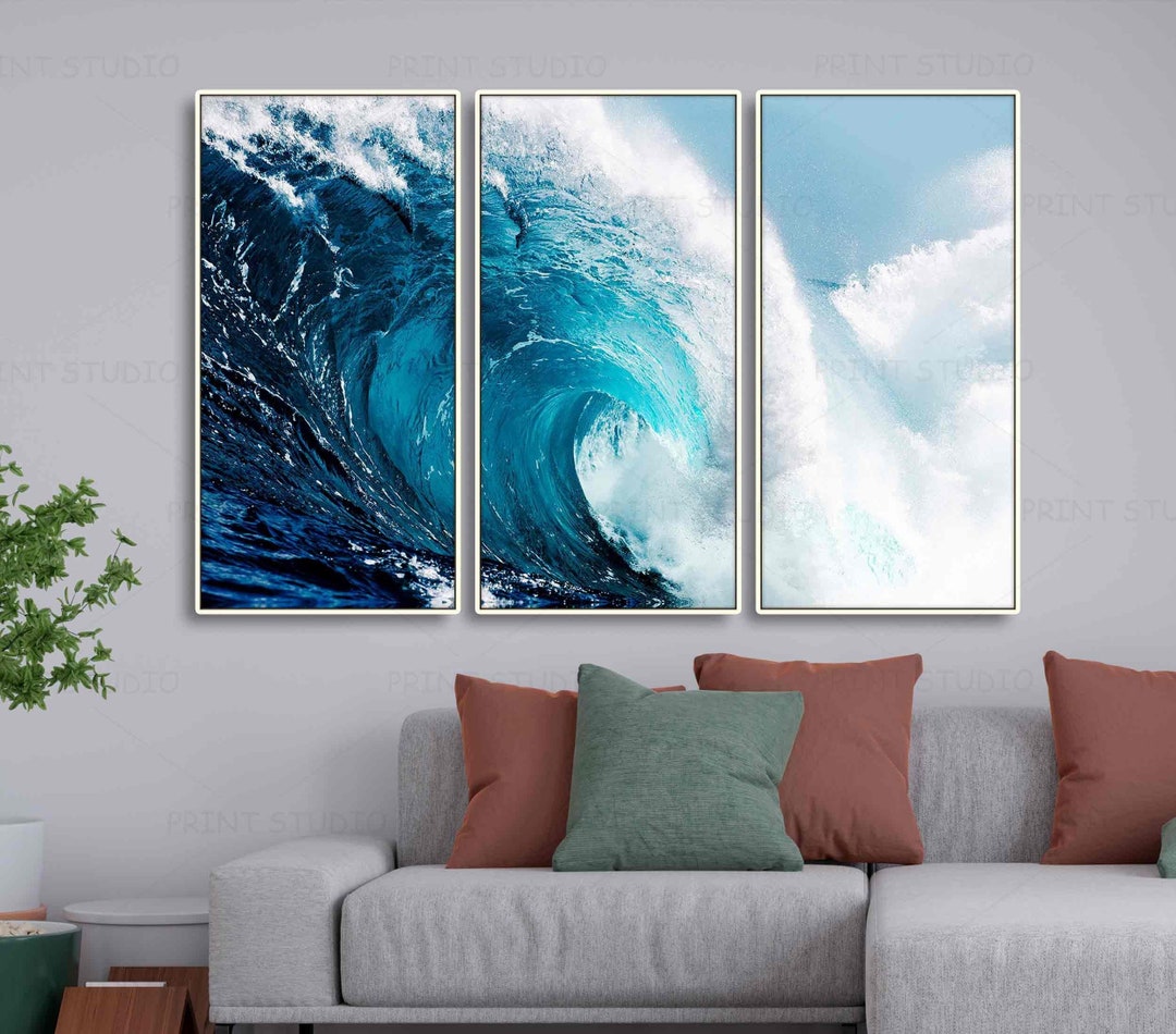 3 Piece Wall Art Decor Blue Big Breaking Wave Ocean Set of Three ...