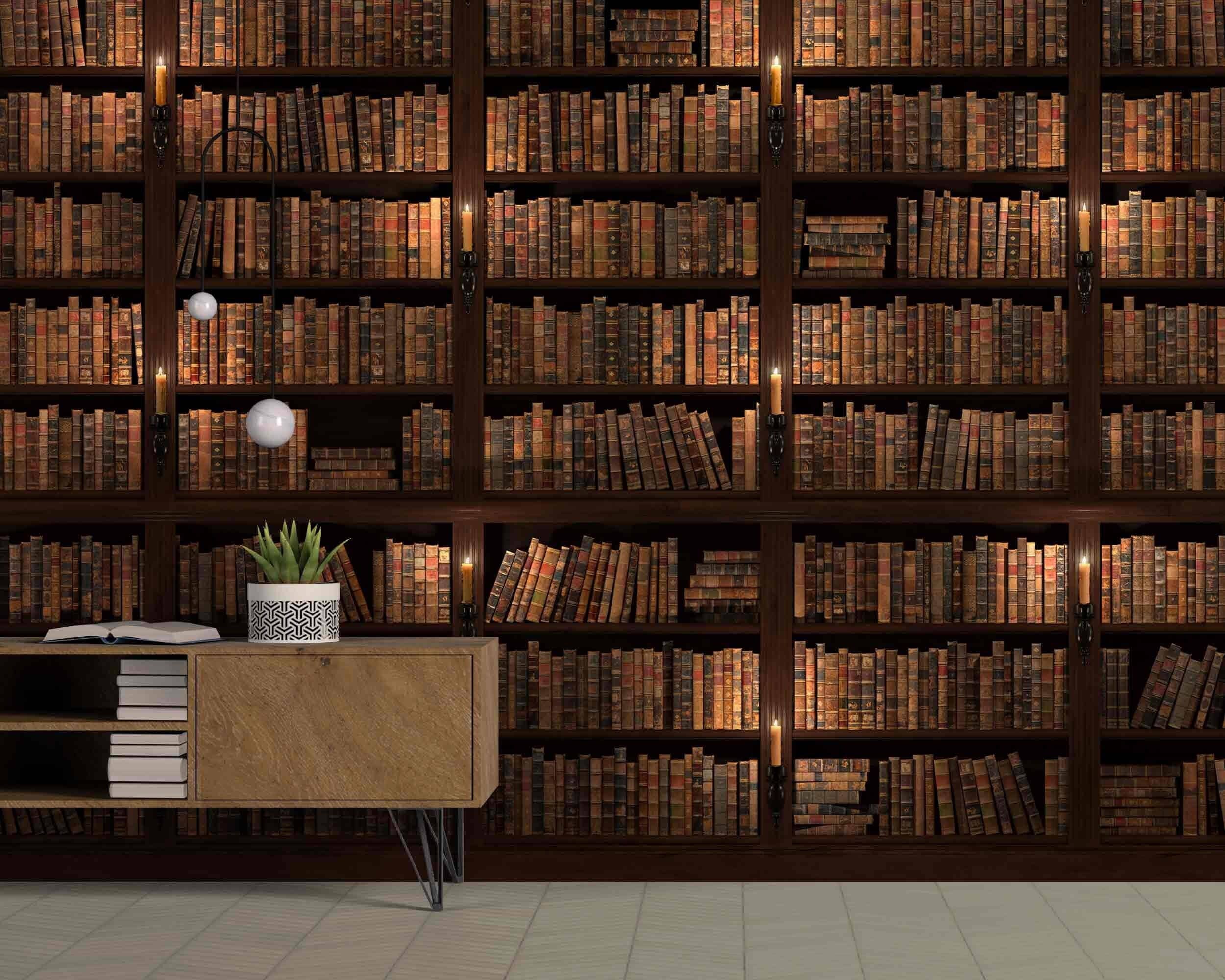 3D Books on Shelves in a Bookcase Brown Vintage Old Library Print Self ...