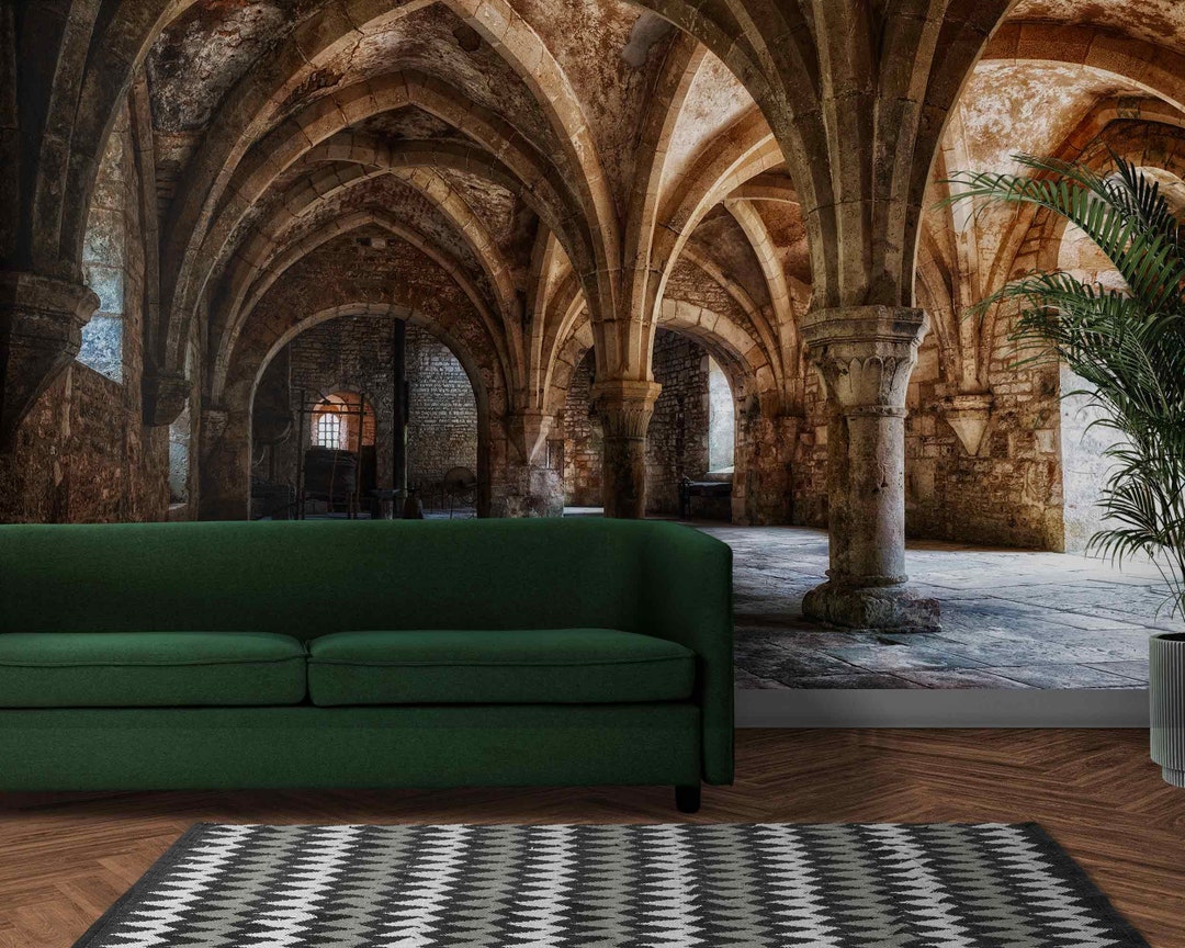Old Ancient Cathedral Castle Vintage Self-adhesive Fabric or Non-woven ...
