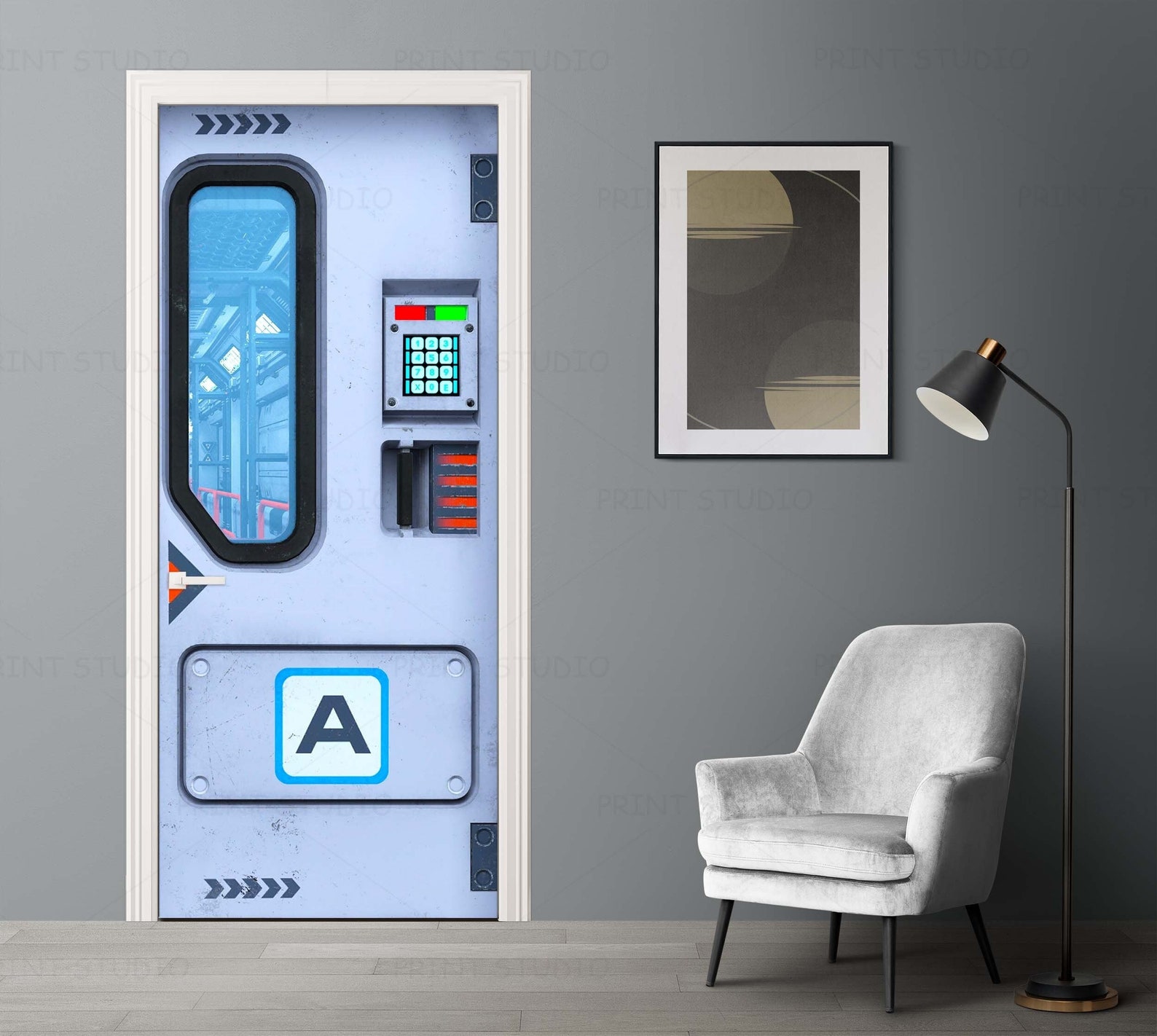 Modern Sci Fi Space Door Mural Dark Gray Blue Cover Peel and Stick ...