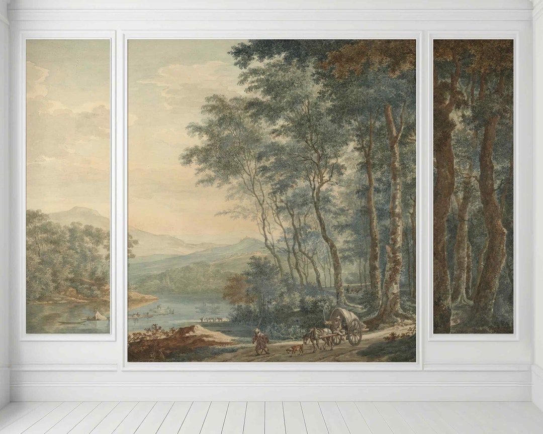 Large Old Trees Historical Mountain Panoramic Landscape Mural Victorian ...