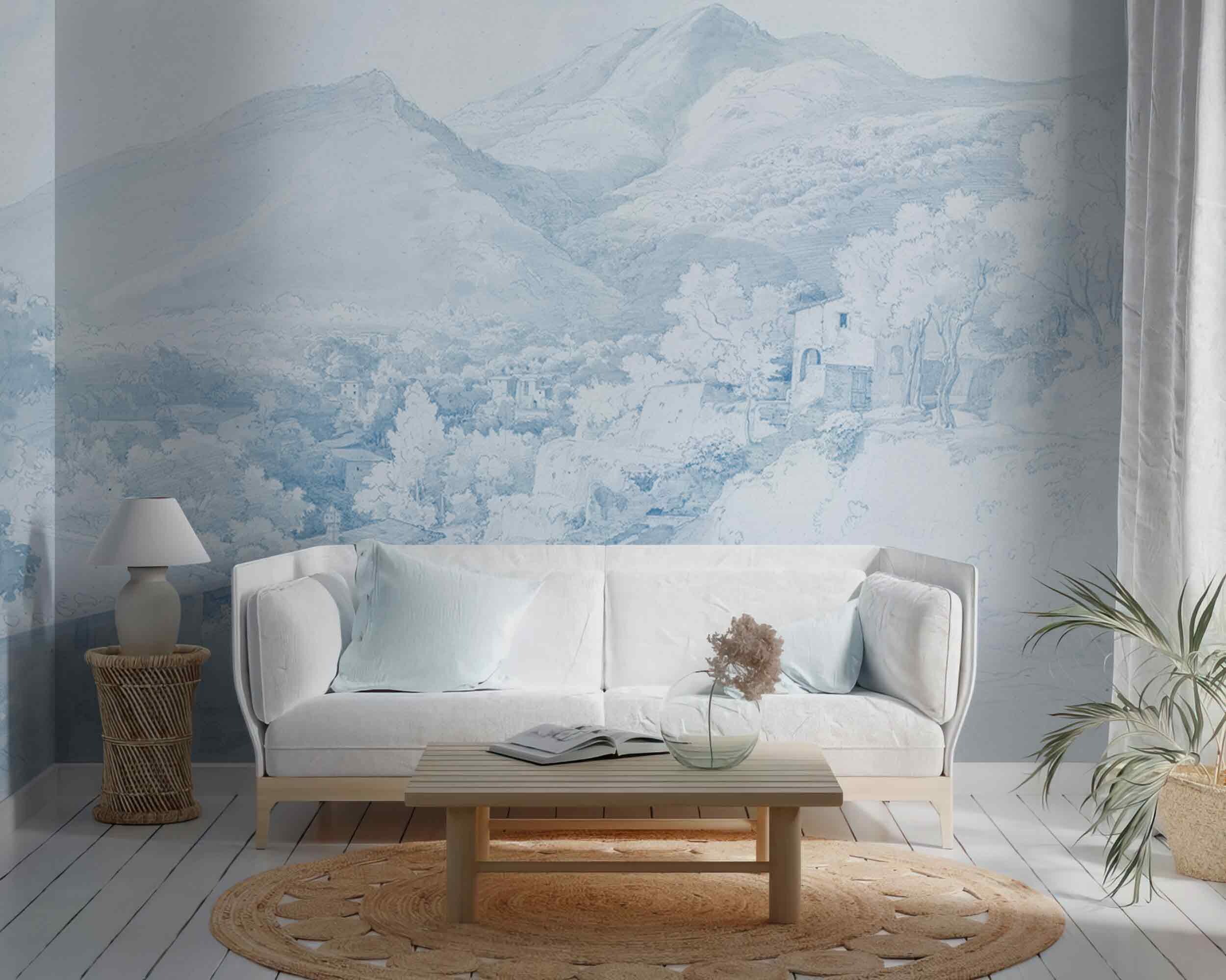 Light Blue Pastel Landscape Mural Wallpaper Hand-painted Style ...