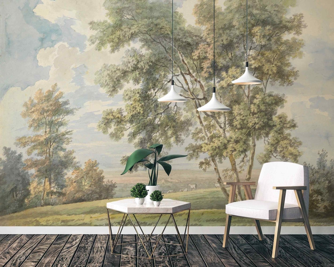 Nature Landscape Retro Wllpaper Large Old Green Trees Hills Vintage ...