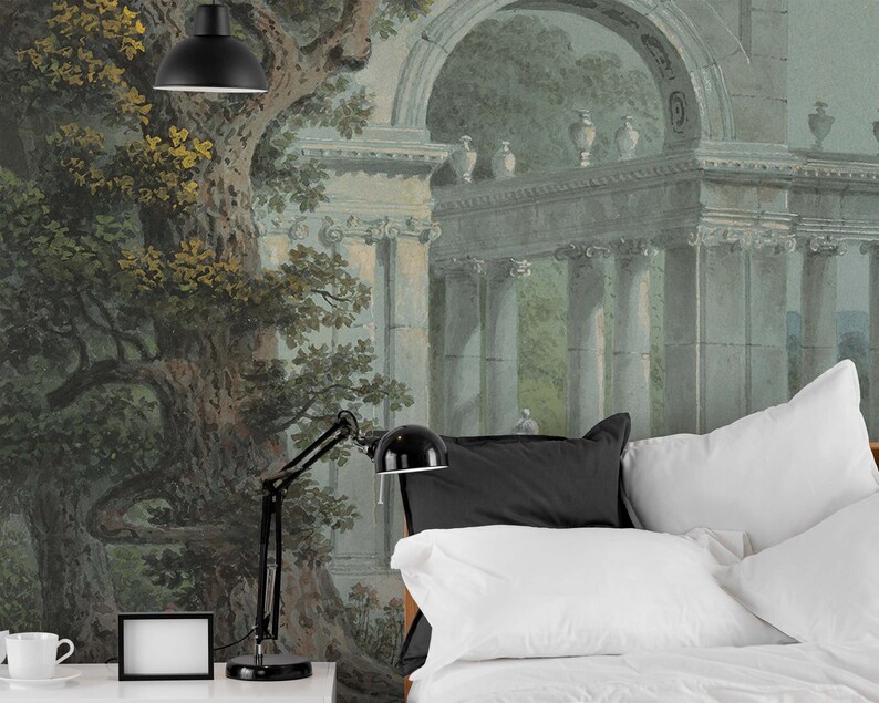 Rural Vintage Landscape With Columns Wallpaper Trees Field - Etsy