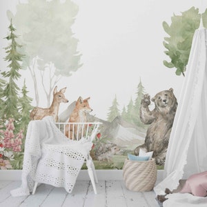 Watercolor Style Forest Animals Wall Mural Children Room Interior ...