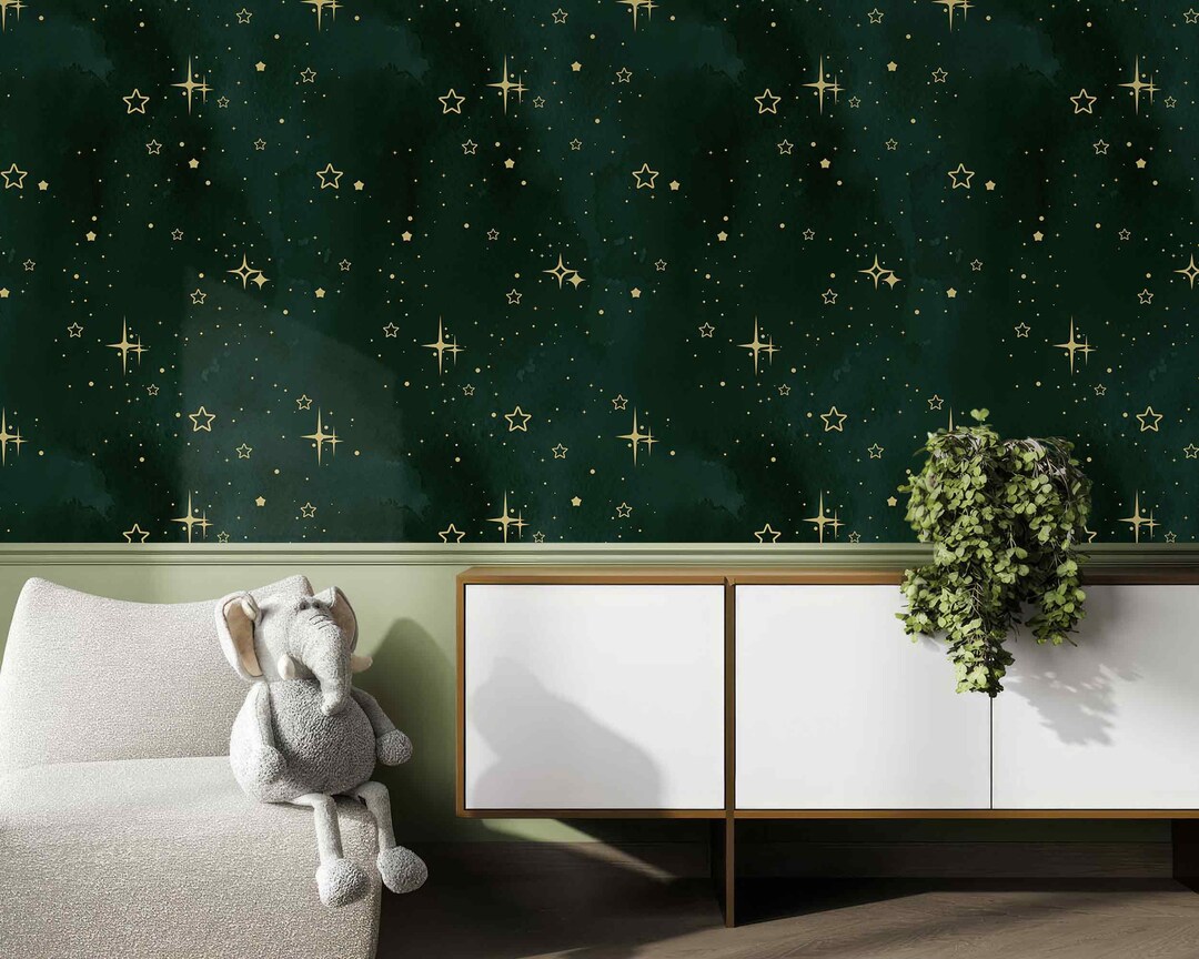 Bright Golden Stars Starry Sky Green Background Wall Photo Wallpaper ...